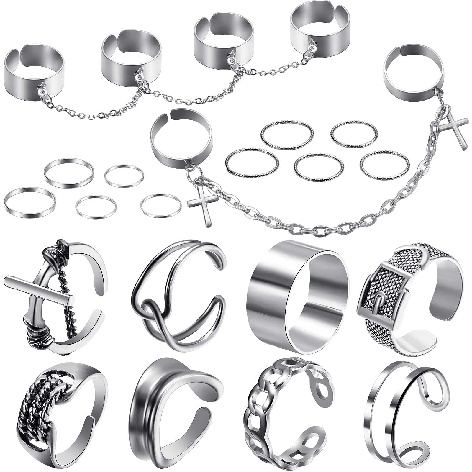 20 Pieces Vintage Silver Punk Chain Finger Rings Adjustable Stackable Vintage Ring Gothic Knuckle Ring Silver Punk Open Rings for Women Men