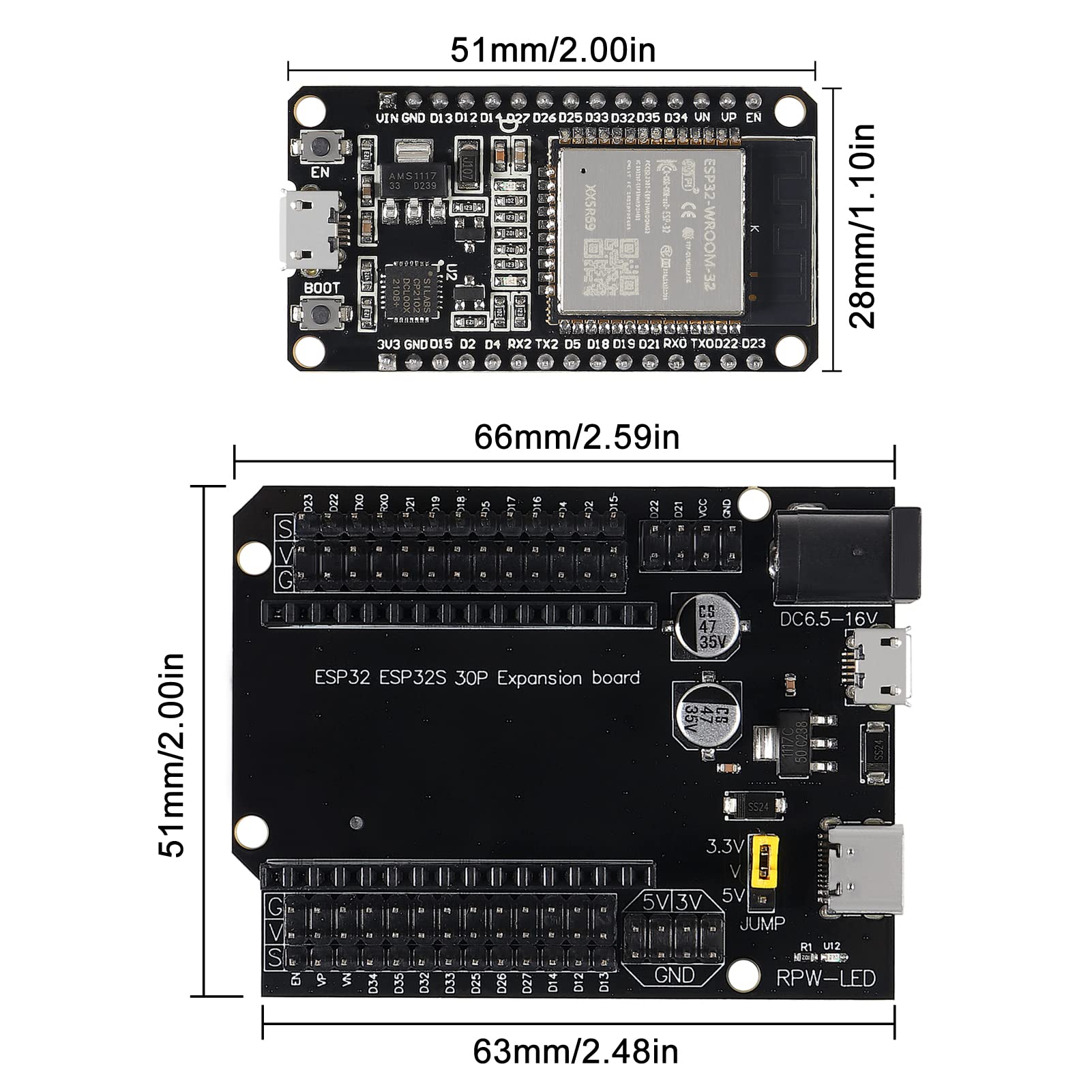 2 Sets ESP-WROOM-32 ESP32 ESP-32S Development Board CP2102 WiFi+Bluetooth Ultra-Low Power Dual Core ESP32-DevKitC-32 ESP-WROOM-32 with Expansion Board for Arduino IDE