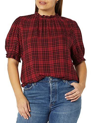 Amazon Essentials Women's Fluid Twill Short Puff Sleeve Smock Detail Shirt, Red/Black, Medium Plaid, XX-Large