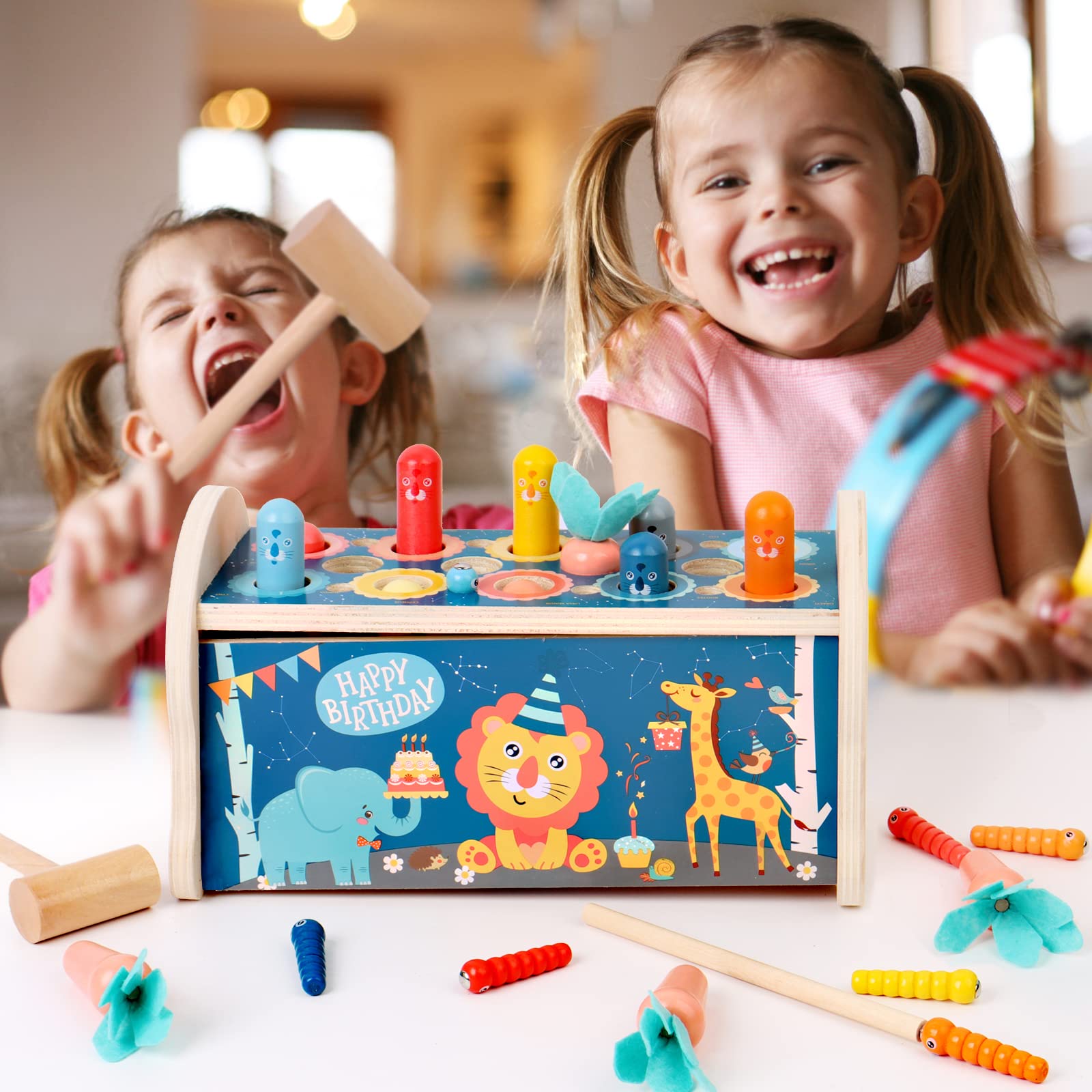 BESTAMTOY Wooden Educational Hammering Gopher Toy Worms Catching Radish Xylophone Pounding Bench Early Learning Lion Patterns Cute Colorful Skills Developing Games Hamster Play Set