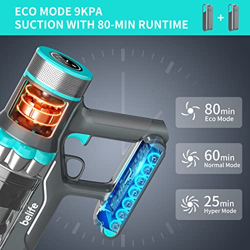 Belife Cordless Vacuum Cleaner, 2 Battery Stick Vacuum with Max 80mins Runtime, 25Kpa Powerful Suction, LED Display, Lightweight Handheld Vacuum for Hard Floor Carpet Car Pet Hair
