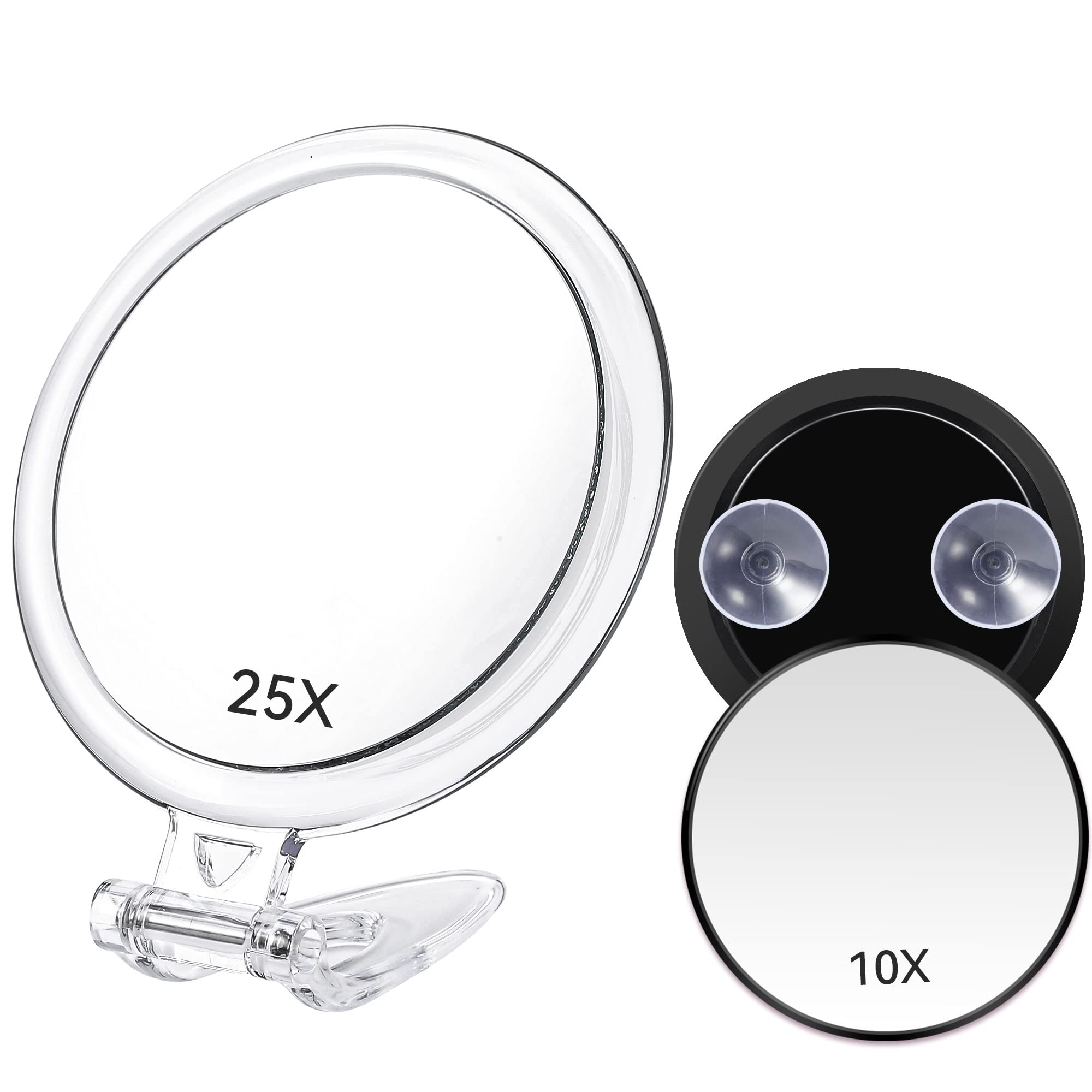 25X Magnifying Mirror Set, 25X/1X Double-Sided Hand Held Magnified Mirror & 10X Magnifying Mirror Suction Cup,Perfect for Precise Makeup Applications & Blackhead/Blemish Removal Handle A