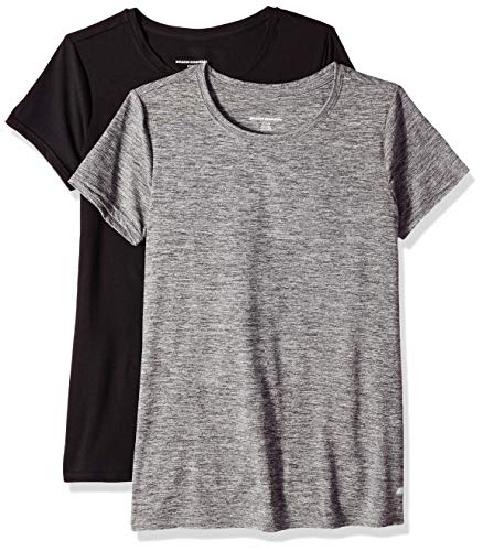 Amazon Essentials Women's Tech Stretch Short-Sleeve Crewneck T-Shirt (Available in Plus Size), Pack of 2, Black/Dark Grey Space Dye, X-Large