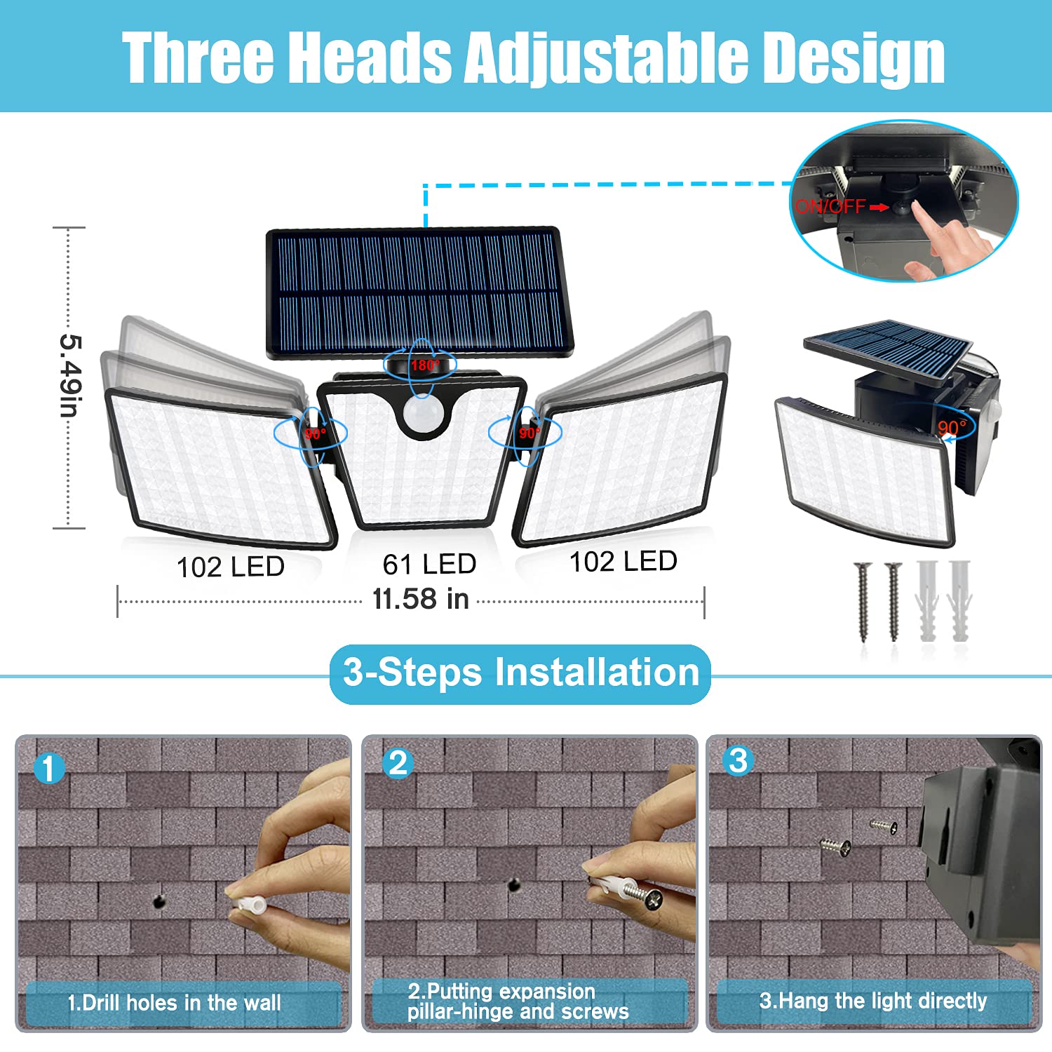 Bebrant Solar Lights Outdoor, 265 LED Solar Motion Sensor Security Lights IP65 Waterproof Solar Flood Lights 360° Adjustable Double-Head Spotlights for Front Door Garden Yard (2 Pack)