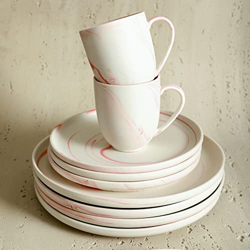 Stone Lain Marble Porcelain Dinnerware Set, 16 Piece Service for 4, Matte Pink