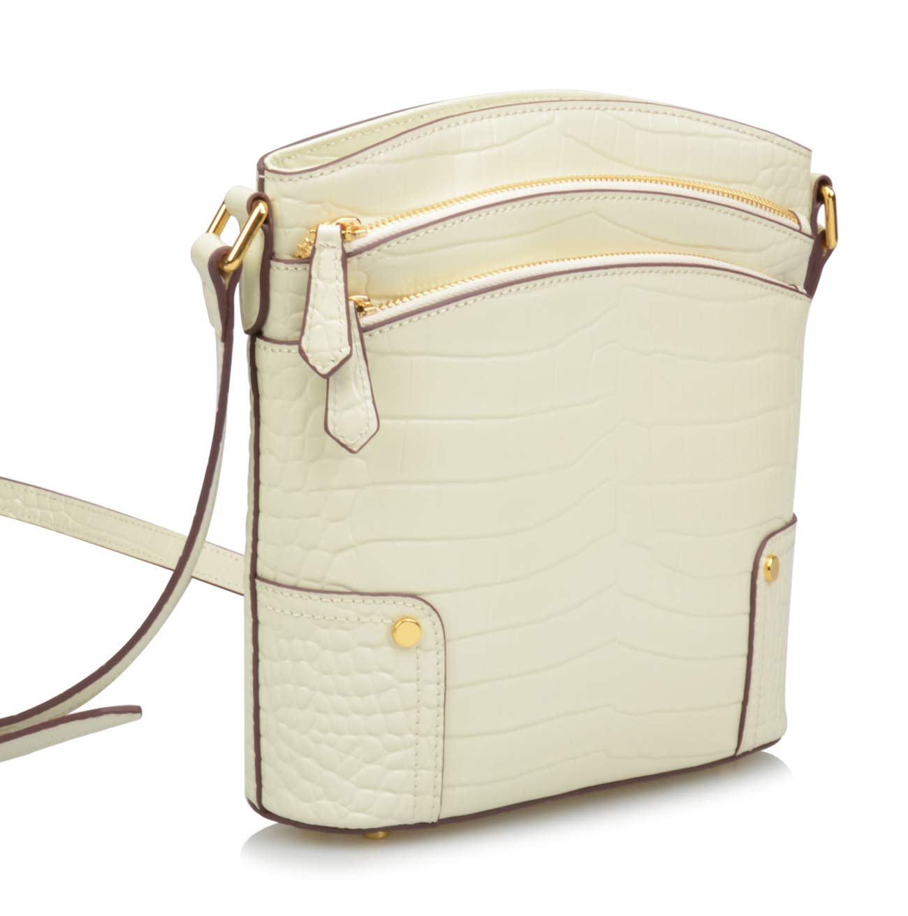 Ainifeel Women's Patent Leather Triple Zip Pocket Crossbody Bag Genuine leather shoulder bags (Medium, Off white)
