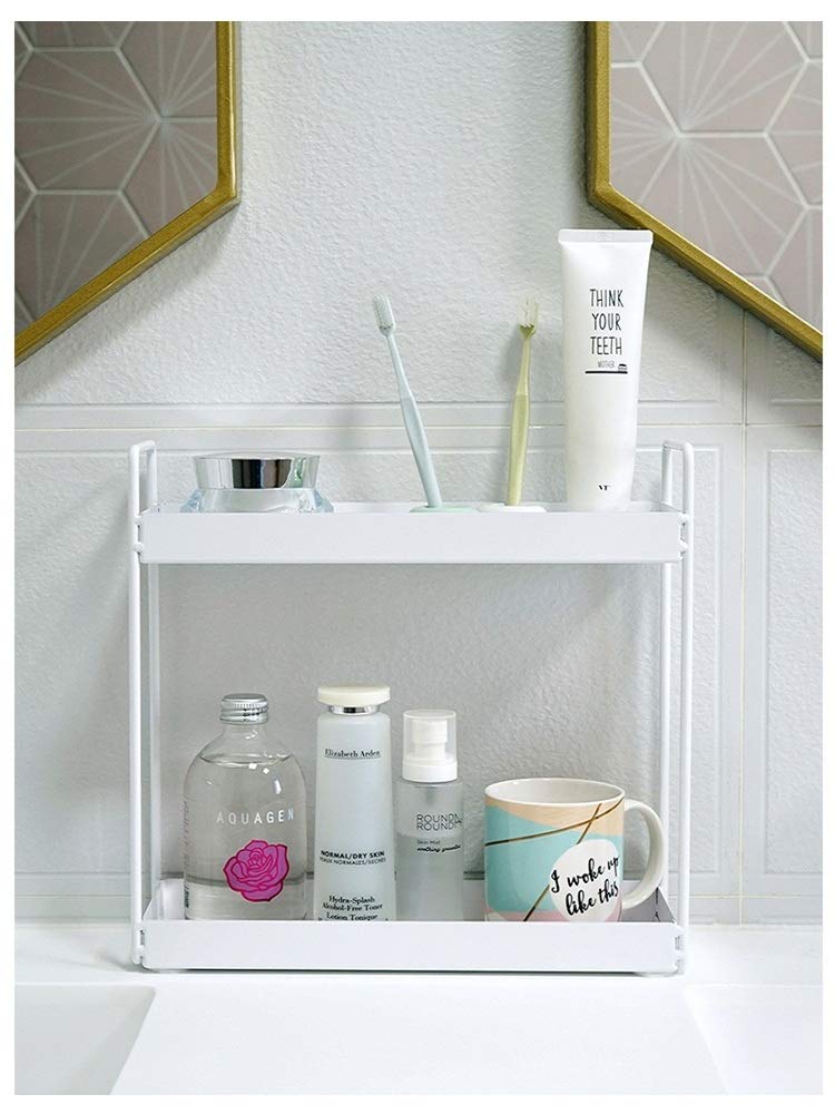 Aisung 2-Tier Bathroom Countertop Organizer Vanity Tray Cosmetic & Makeup Storage Kitchen Spice Rack Standing Shelf, White