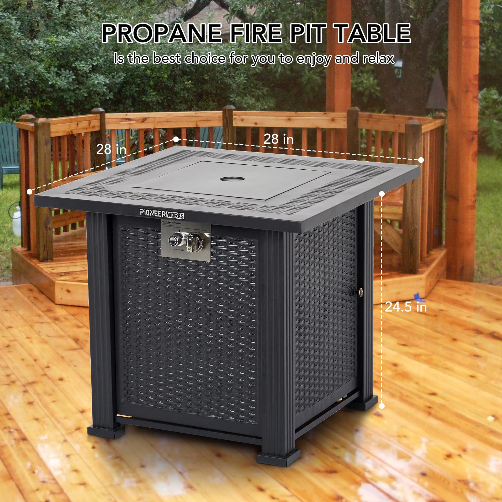 28 Inch Propane Fire Pit Table, PioneerWorks 50000BTU Rectangle Fire Table with Cover, Sturdy Steel and Iron Fence Surface, CSA Safety Certified, Companion for Your Garden Black