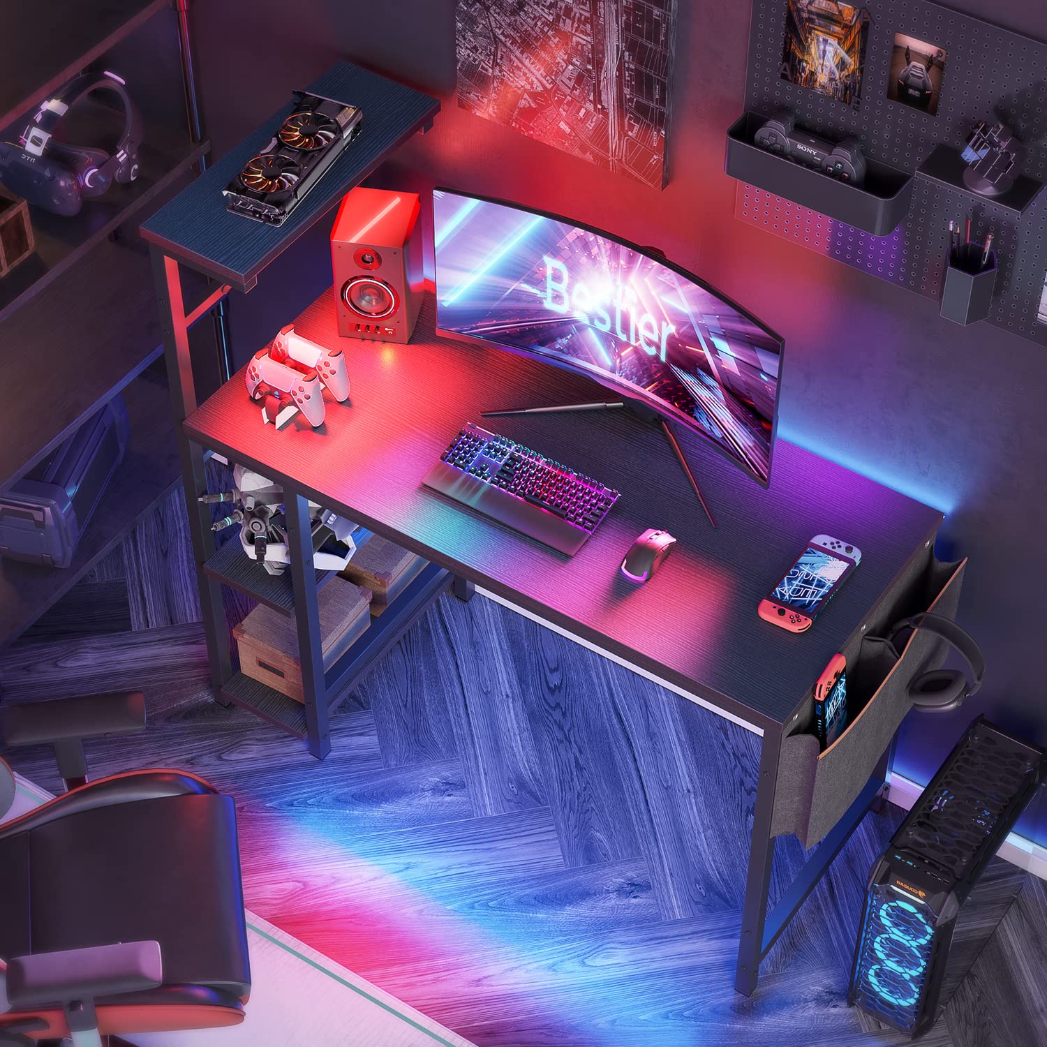 Bestier Gaming Desk with LED Lights, 44 Inch PC Gamer Desk for Small Spaces, Computer Desk with Reversible Storage Shelves & Side Storage Bag (Black Grained)