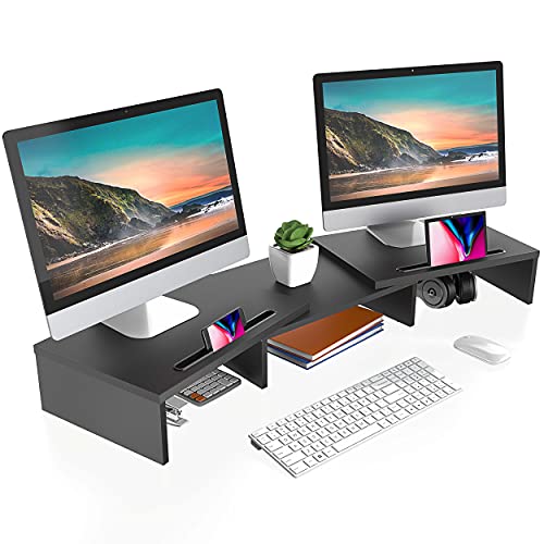FITUEYES Dual Monitor Stand – 3 Shelf Computer Monitor Riser, Wood Desktop Stand with Adjustable Length and Angle, Desk Accessories, Office Supplies Light Black,DT111101WB