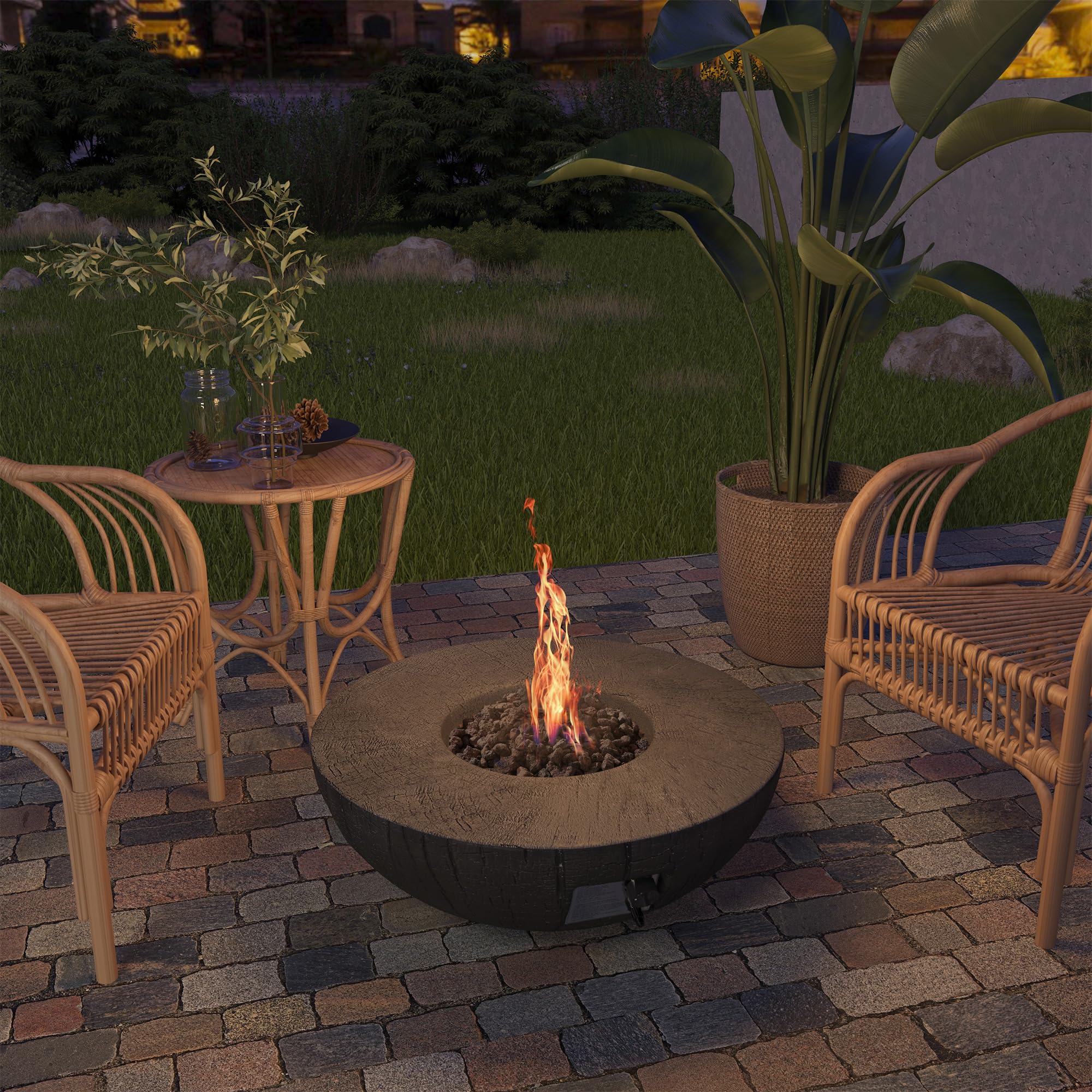 28 Inch Round Firepit Lunar Bowl 30,000 BTU Outdoor Fire Pit Table Patio Heater Firepit Base Coffee Table for Backyard Garden Cover Lava Rock Included (Tank Outside), Black