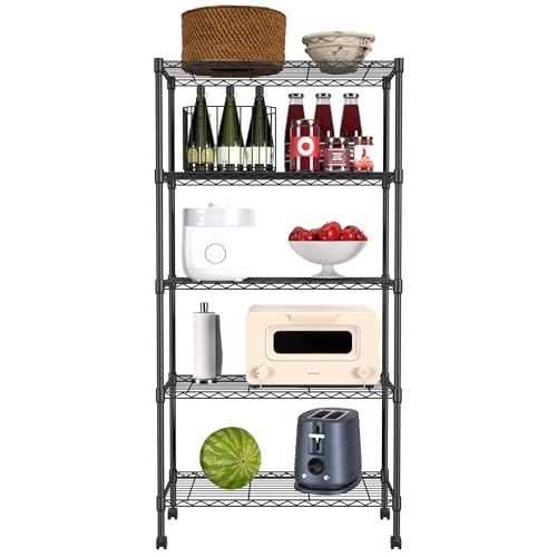 24/7 Shop at Home Rex Industrial 5 Tier Wire Shelving Rack with Wheels, Adjustable Shelves and NSF Certified, Metal Storage Shelves for Kitchen, Office, Garage, Basement, Laundry Room, Black