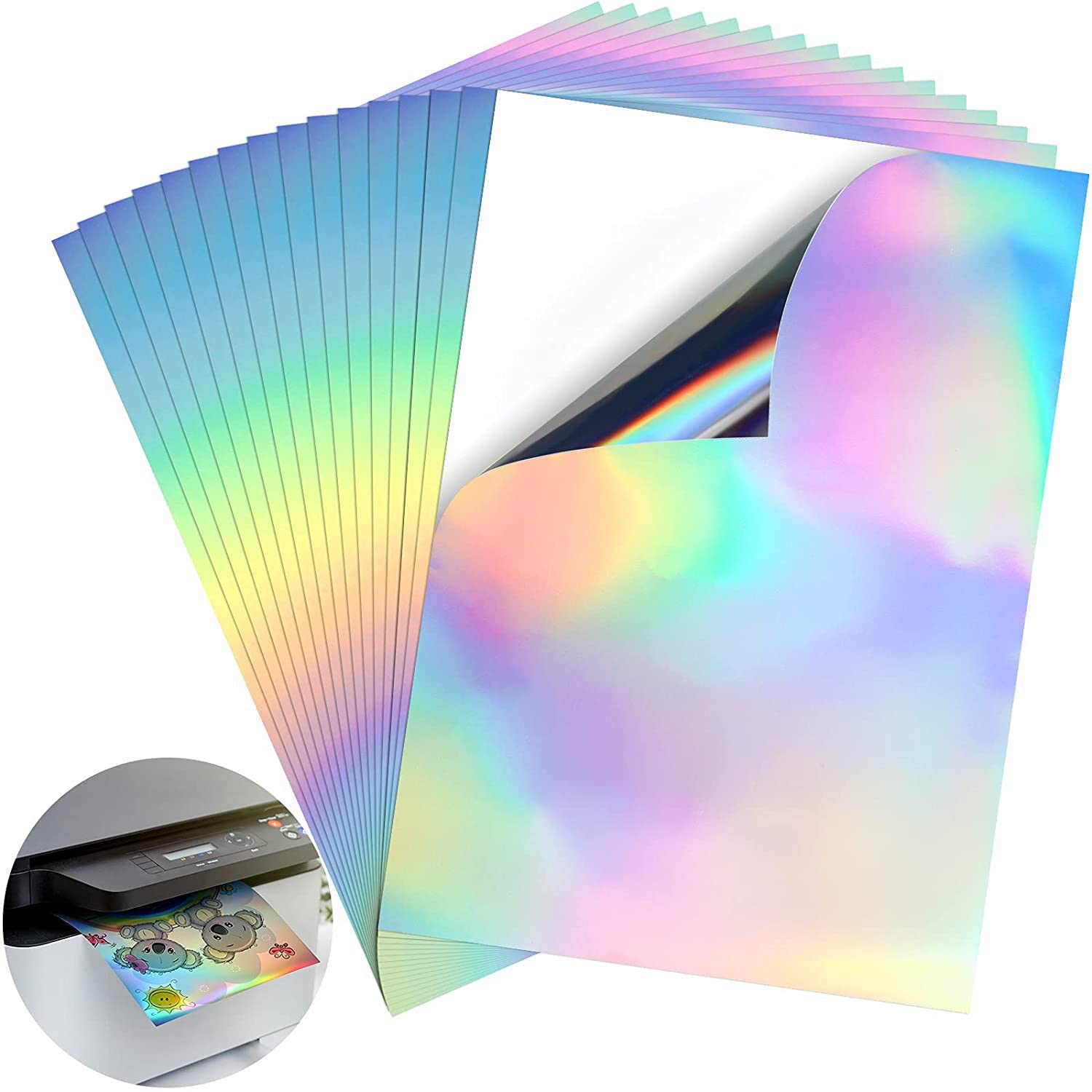 20 Sheets Holographic Sticker Paper for Inkjet Printer & Laser Printer US letter size Holographic Printable Vinyl Rainbow Sticker Printer Paper Adhesive Waterproof Vinyl (8.25 x 11.7 Inch)