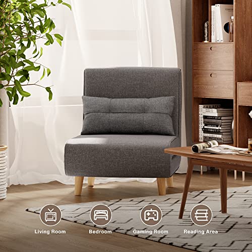 Aiho Convertible Sofa & Chair Bed, Futon Chair Sleeper with Soft Pillow, Modern Linen Fabric Solid Wood Legs, Dark Grey