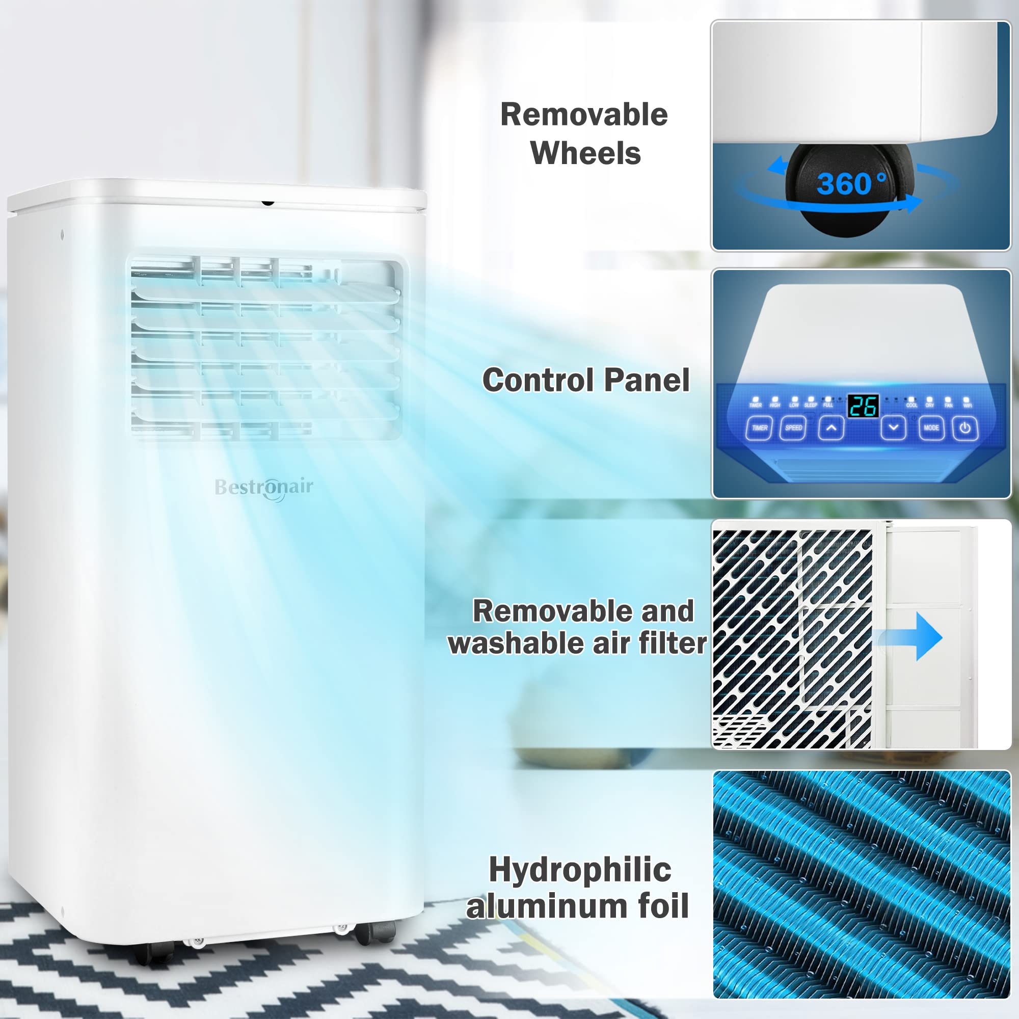 BESTRONAIR Portable Air Conditioner Wifi/Remote Control,10,000 BTU,Cools Up to 350 sq.ft.(6500 BTU SACC) Cool/Dry/Fan/Sleep/Timer Mode,Window Venting Kit Included.