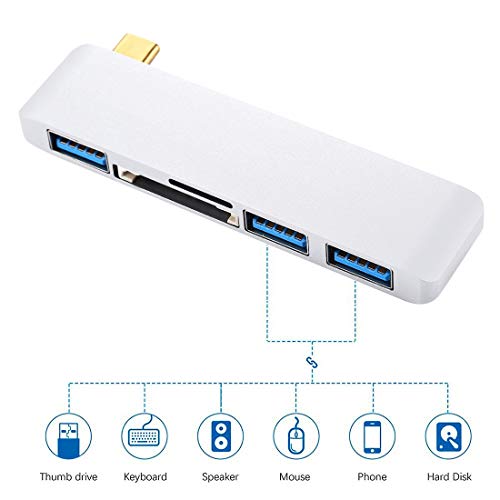Leya-US Spare Part 5 in 1 Multi-Function Aluminium Alloy 5Gbps Transfer Rate USB-C/Type-C HUB Adapter with 3 USB 3.0 Ports & SD Card Slot & TF Card Slot Compatible for MacBook 2015/2016 / 2017(Gre