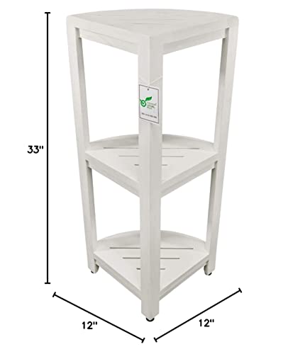 CoastalVogue SnazzyCorner Teak Corner Shower Shelf Wood Corner Shelf 3-Tier Corner Shower Shelf in Antique White Finish β 33 inches Tall