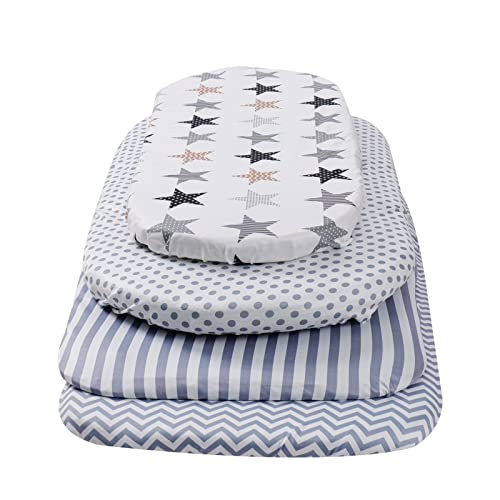 Bassinet Sheets 4 Pack for Baby Unisex, Stretchy Jersey Knitted Fitted Sheet Universal for Oval Rectangle and Hourglass Bassinet Mattress, White and Grey, Neutral for Baby Boy and Girl
