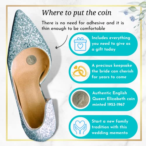 Authentic Silver Sixpence Coin For Bride's Shoe - 4 Piece Set Includes 1960 Sixpence, Sentimental Message Card, Something Old New Borrowed Something Blue Tradition Wedding Poem Card, Keepsake Gift Box