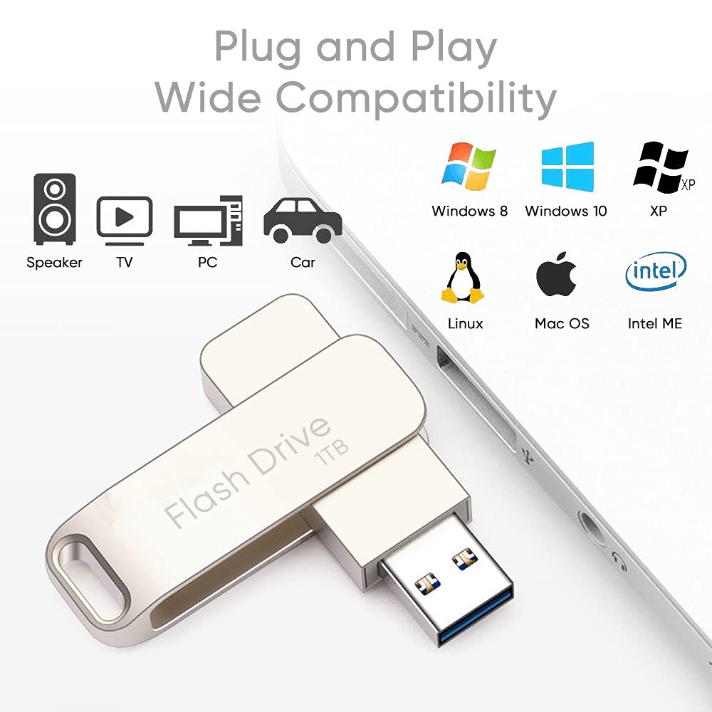 1TB USB Flash Drive, Thumb Drive High-Speed Metal Memory Stick with Keychain, Waterproof and Shockproof Data Storage for PC/Laptop