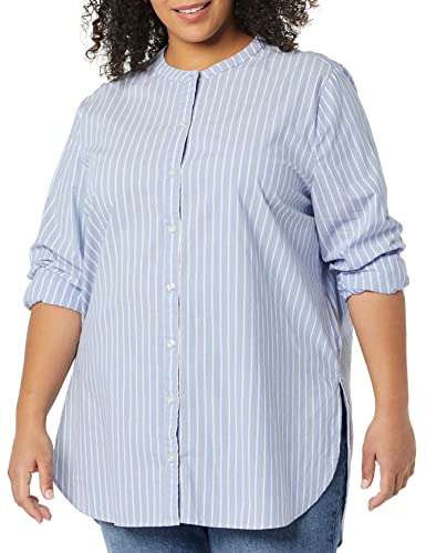 Amazon Essentials Women's Long Sleeve Tunic Poplin Shirt, Blue/White, Stripe, Small