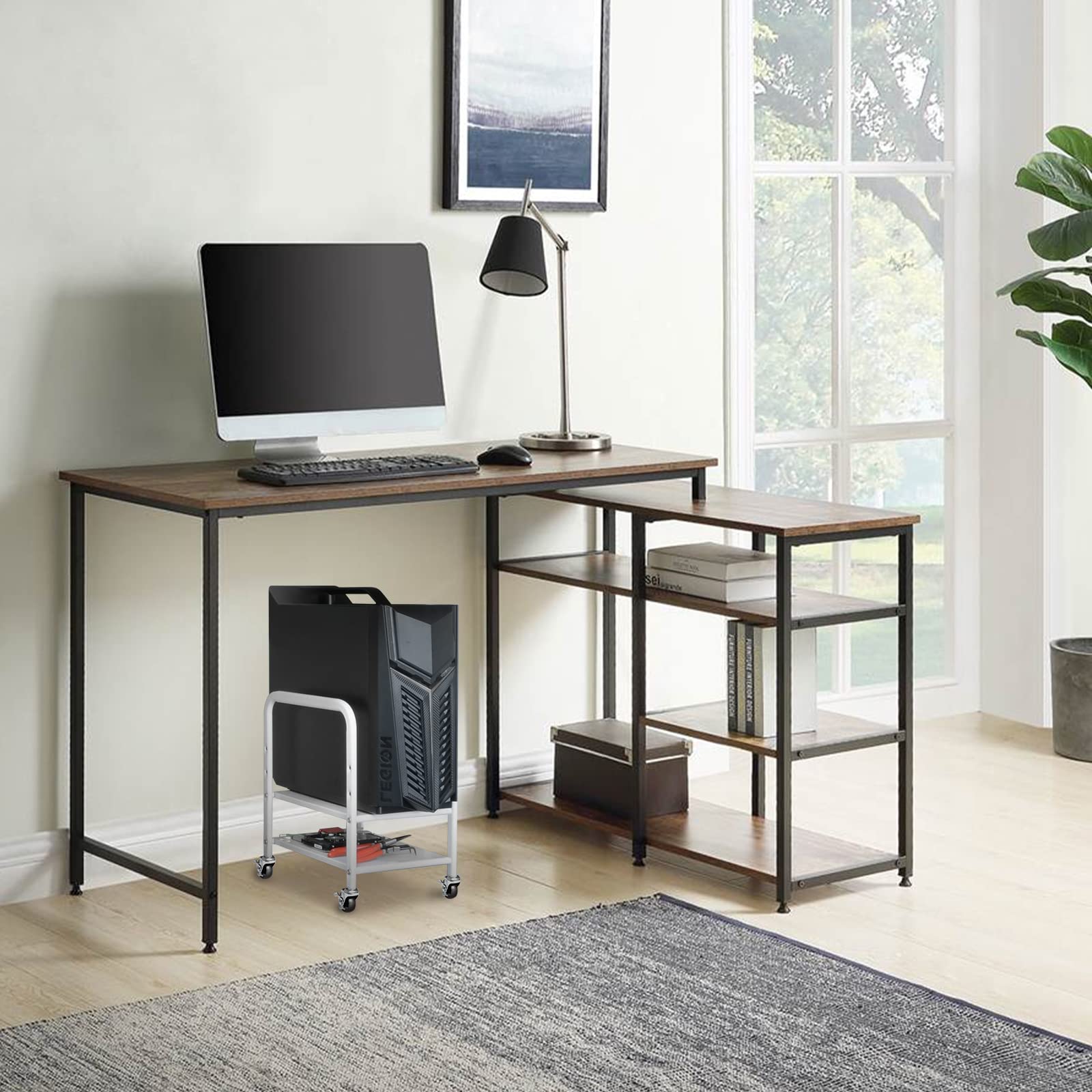 360Tronics Computer Tower Stand White, 2-Tier Height Adjustable Desktop PC Stand for Carpet, Mobile Tower Cart Under Desk, Full Metal Rolling CPU Holder with 360° Locking Wheels for Office Home