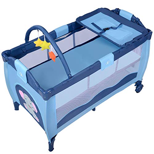 BABY JOY 3 in 1 Pack and Play, Portable Playard with Hanging Toys, 2 Lockable Wheels Diaper Changing Table, Foldable Travel Bassinet Bed (Blue)