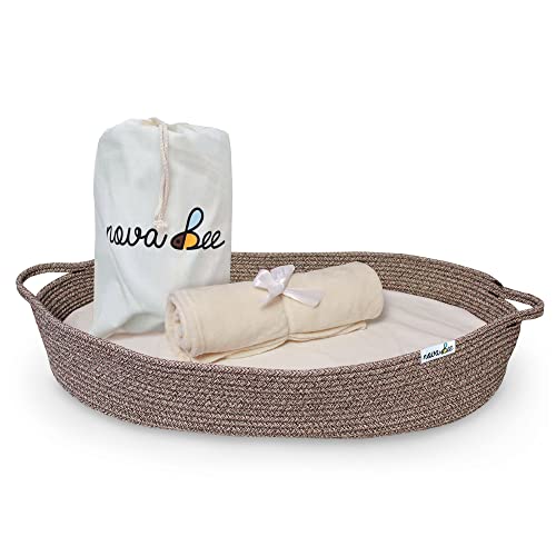 Baby Changing Basket- Cotton Rope Changing Table Topper Moses Basket, Thick Foam Pad with Removable Cotton Cover- Storage Bag and Plush Blanket- CPSC Safety Compliant- Boho Decor in Coffee Color