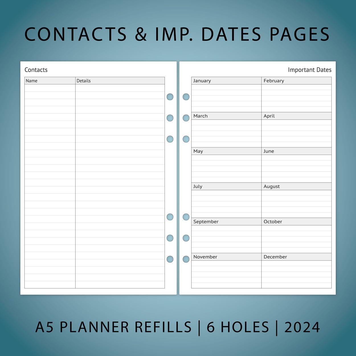 2024 Planner Refills - Weekly and Monthly Appointment Book Inserts, Tabbed, 6 Holes, A5 Size