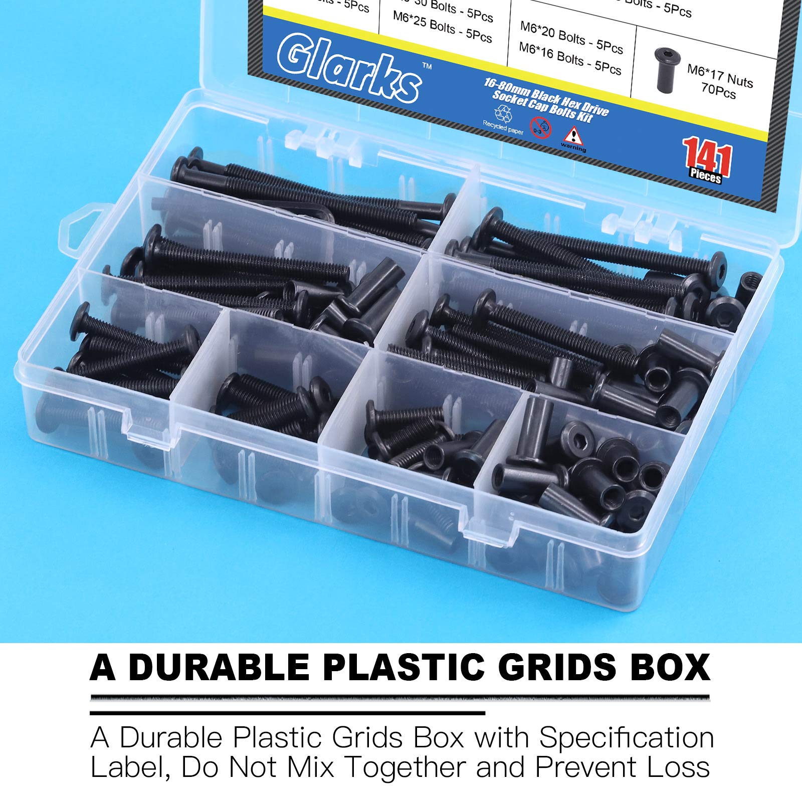 Glarks 141Pcs M6x16/ 20/25/ 30/35/ 40/45/ 50/55/ 60/65/ 70/75/ 80mm Black Hex Drive Socket Cap Bolts Kit, Countsunk Furniture Crib Bolts Nuts Screws for Chair Table Cabinets