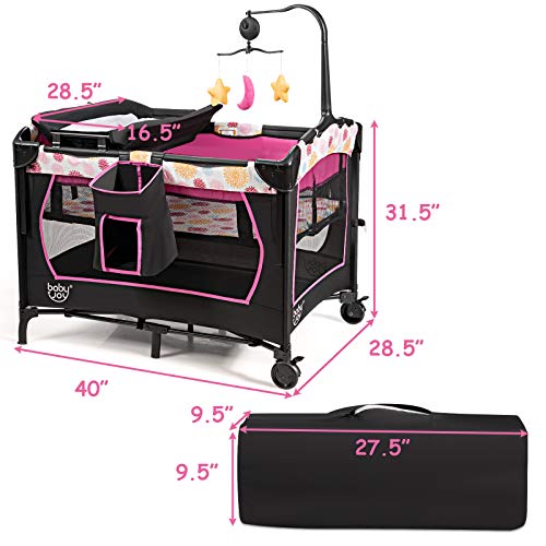 BABY JOY 4 in 1 Pack and Play, Baby Bedside Sleeper with Bassinet, 3 Adjustable Heights, Music Box, Easy to Install, Foldable Bedside Crib w/Changing Table, Playards from Newborn to Toddlers