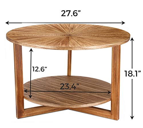 Coffee Tables for Living Room, Small Round Coffee Table with Storage, Mid Century Modern Solid Wood Coffee Table, Rustic Wooden Circle Center Table Living Room Furniture, Brown Tea Table