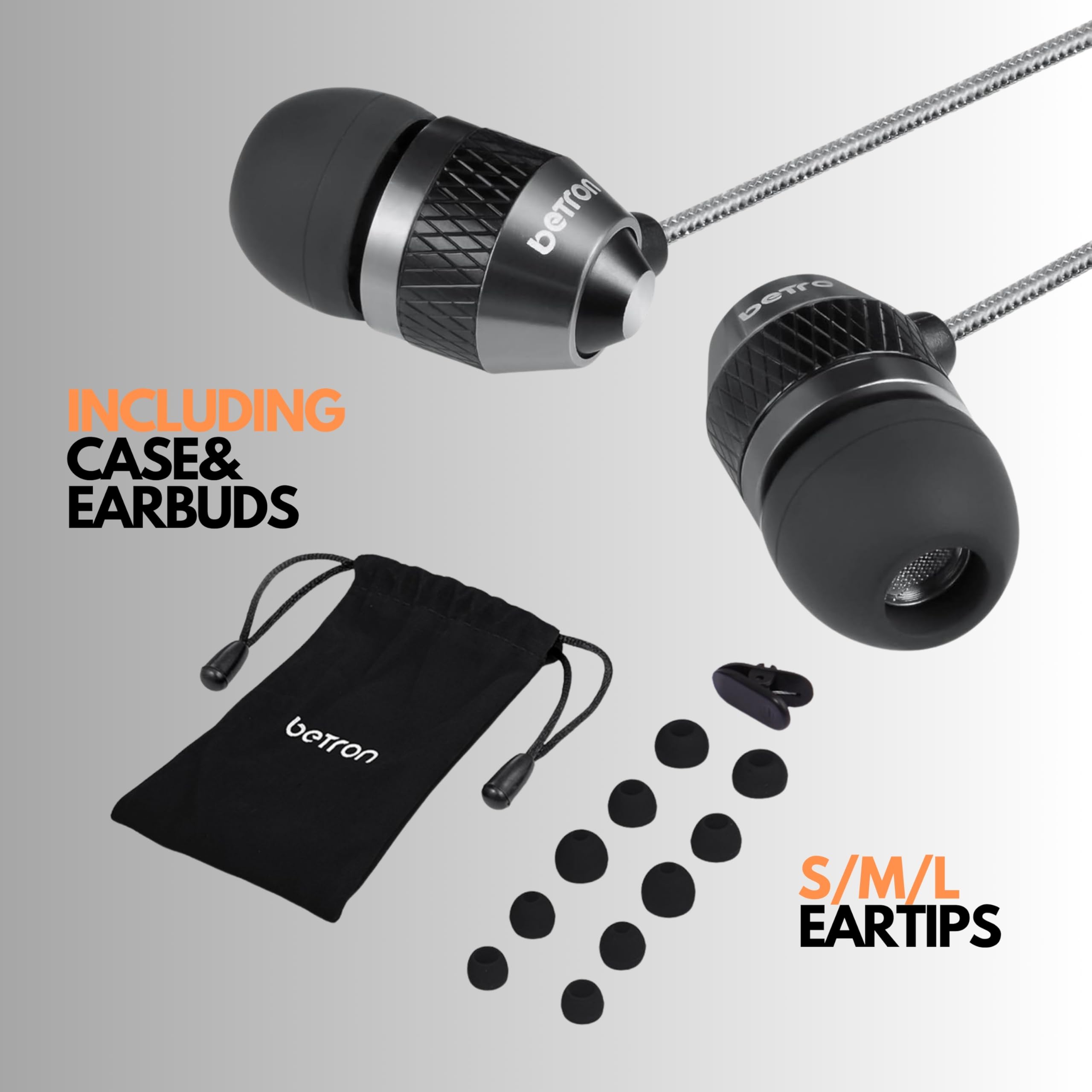 Betron B25 Earphones, Noise Isolating in-Ear Wired Headphones with Strong Bass, Tangle-Free Cord, Lightweight, Carry Case and Soft Earbud Tips (Black)