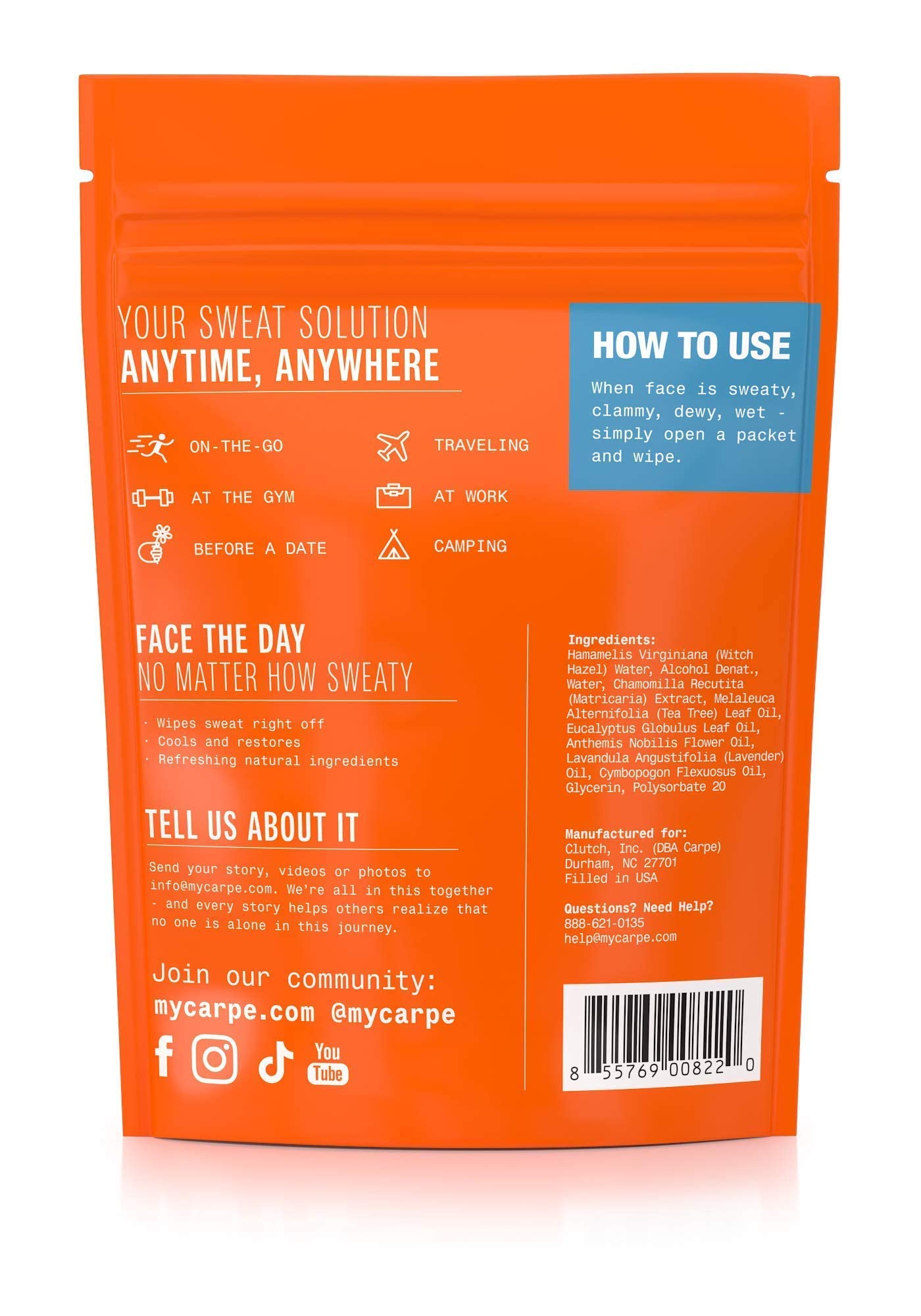 Carpe Sweat Absorbing Face Wipes (15 Facial Wipes). Witch Hazel & Tea Tree Oil Wipes Infused with Eucalyptus. Energizing, Refreshing, and Soothing. Sweat and Oil Control