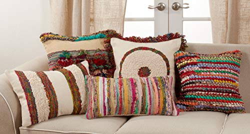 SARO LIFESTYLE Multi Colored Chindi Throw Pillow, 14" x 23" Down Filled