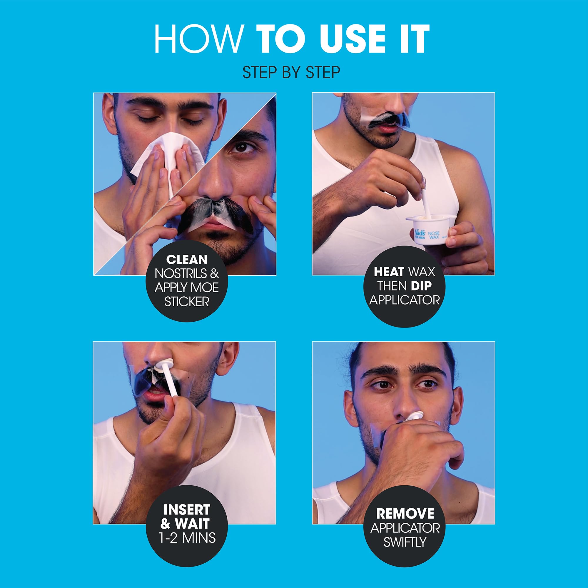 Nad's For Men Nose Waxing Kit - Hair Removal with Hard Wax, Moustache Protectors, Applicators, Spatulas, and Post-Wax Wipes