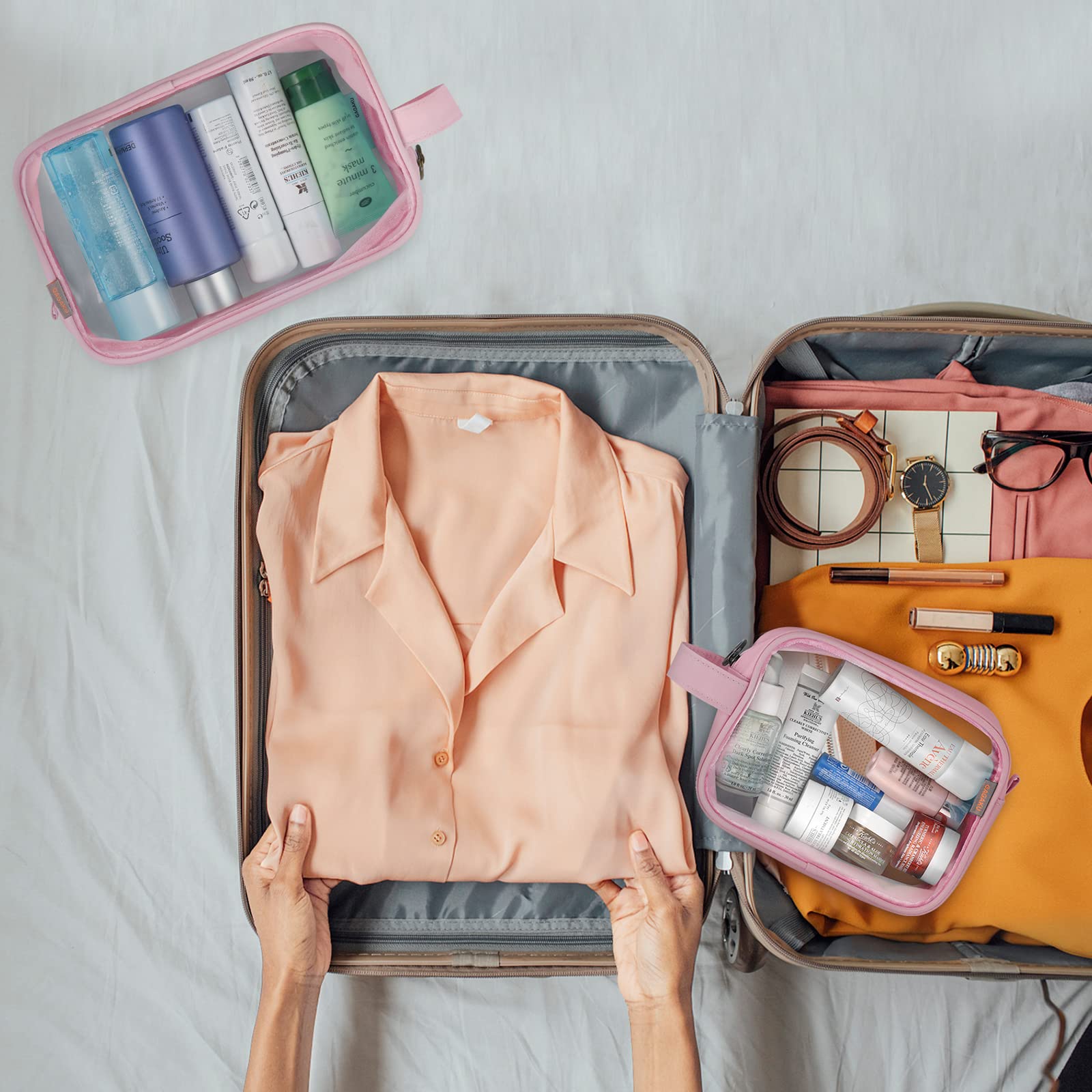 GAGAKU 2pcs Clear Toiletry Bag TSA Approved Travel Toiletry Bags Liquid Bag with Handle Strap, Waterproof Transparent Makeup Cosmetic Bags for Women - Light Pink