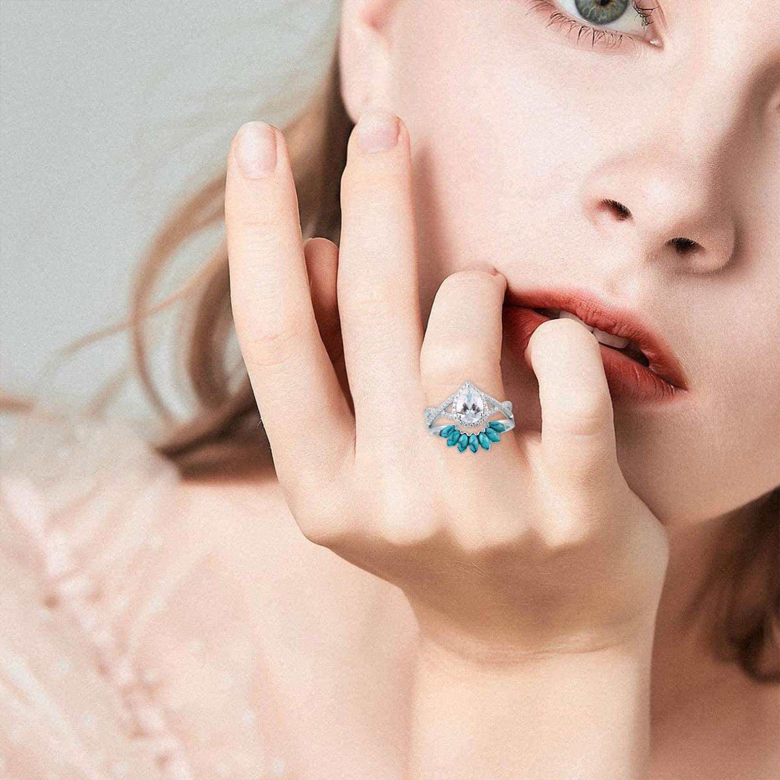 2PC Women Shining White Crystal Water Drop Shape Ring,Turquoise Ring Promise Rings Engagement Wedding Band Ring Sets