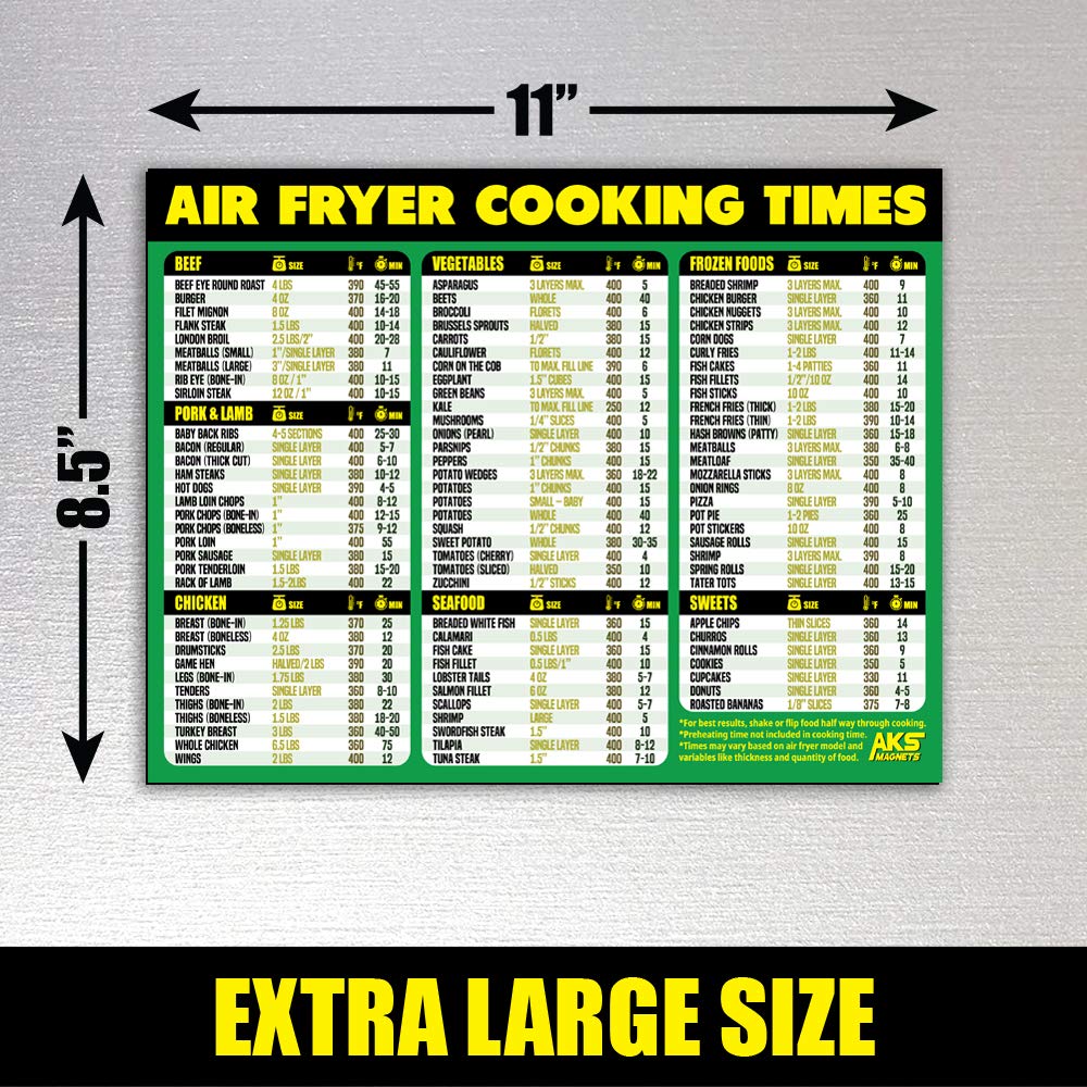 Air Fryer Cooking Times Magnetic Cheat Sheet - Extra Large Easy to Read 11β x 8.5β Airfryer Kitchen Accessory - Quick Reference Guide Magnet for Over 90 Popular Airfry Foods - Cook Healthy Meals Fast