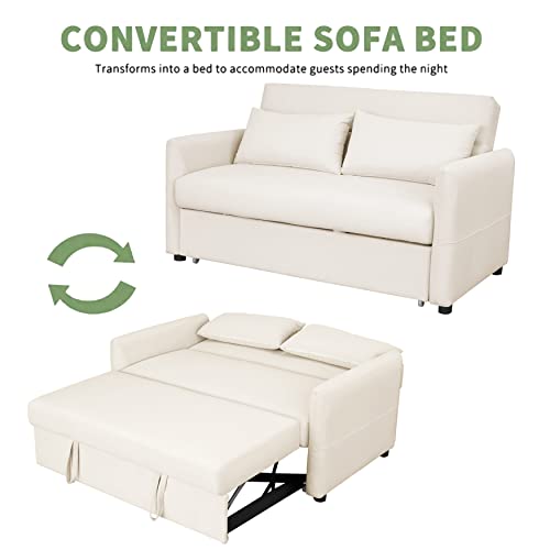 Aoowow Convertible Sleeper Sofa Bed 57 Inches, Velvet 2 Seats Sofa with Pull Out Bed,Loveseat Sofa Couch with Adjustable Backrest, 2 Pillows Side Pocket for Living Room Small Apartment (Beige)