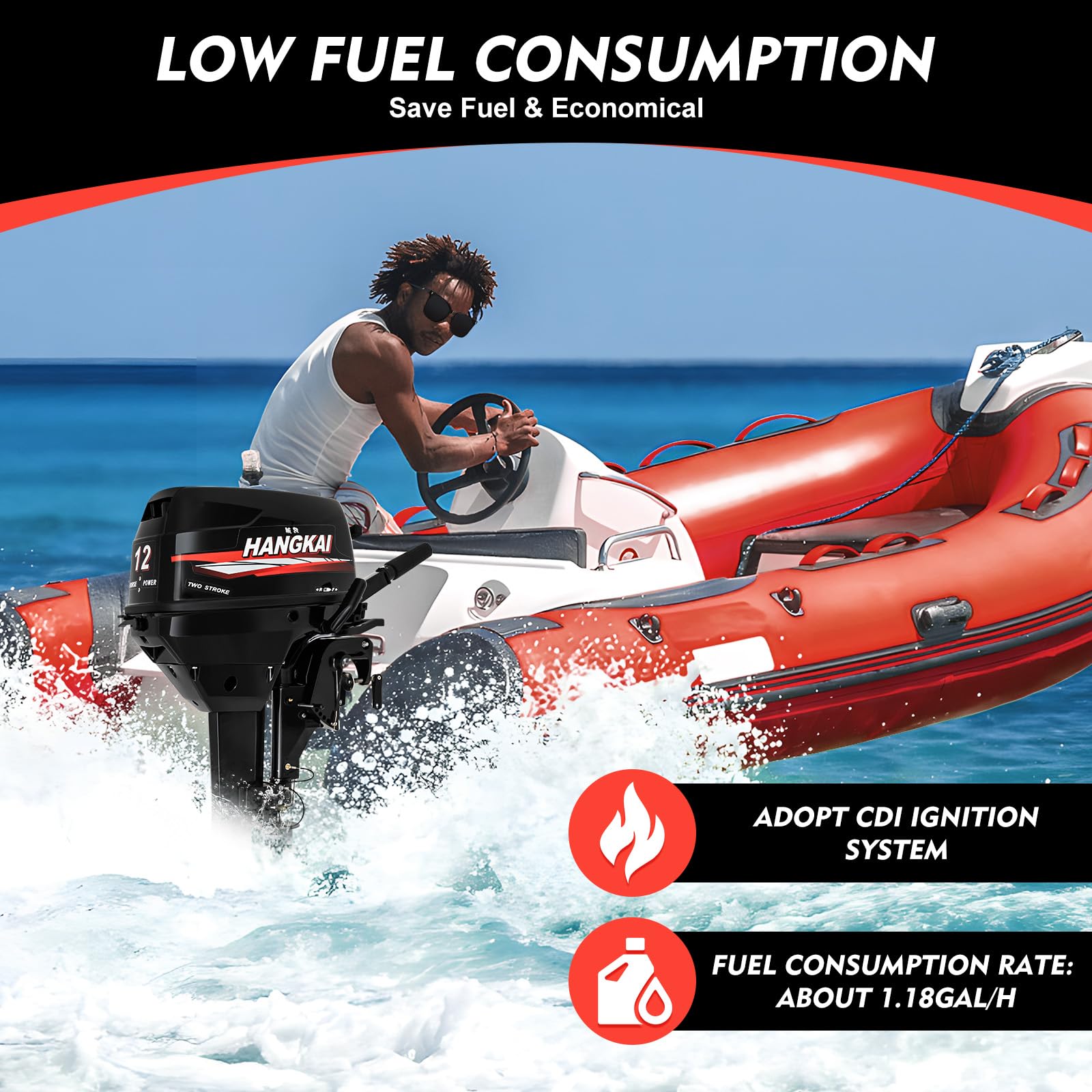 2 Stroke Outboard Motor Heavy Duty 12HP Boat Marine Engine with Water Cooling System Single Cylinder Engine, Inflatable Fishing Boat Engine 169cc 4500-5500r/min (2 Stroke 12 HP)