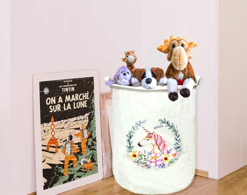 SDAIGC Collapsible Unicorn Laundry Basket, Blondie Canvas Waterproof Round Storage Hamper, Clothes Toys Organizer Basket, Cute Kids Gift Basket (Art Unicorn)