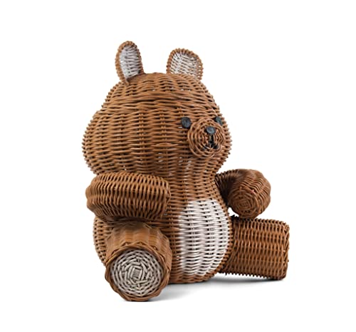 G6 COLLECTION Bear Rattan Storage Basket With Lid Decorative Bin Home Decor Hand Woven Shelf Organizer Cute Handmade Handcrafted Nursery Gift Decoration Animal Wicker Bear (Brown Bear)