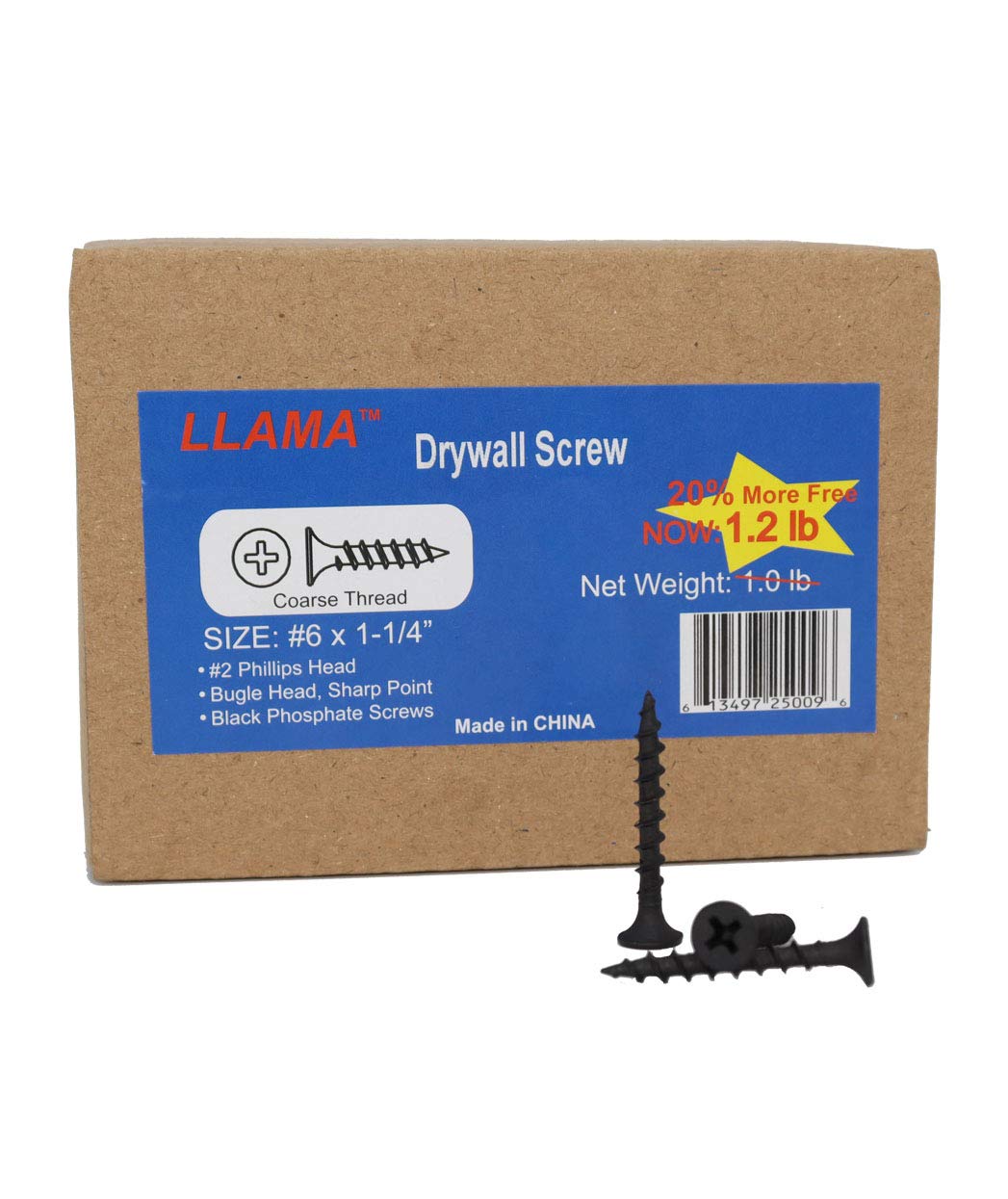 LLAMA Fastener Drywall Screws #6x1-1/4” - Coarse Threaded Black Phosphate Screws, Pay 1.0LB Now GET 1.2LB