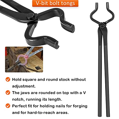 Blacksmith Forging Tools Knife Making Tongs Set Fire Tongs Anvil Blacksmithing Tongs Forge Tools Includes V-Bit Bolt Tongs, Wolf Jaw Tongs, Flat Tongs, Blade Tongs (Pack of 4)