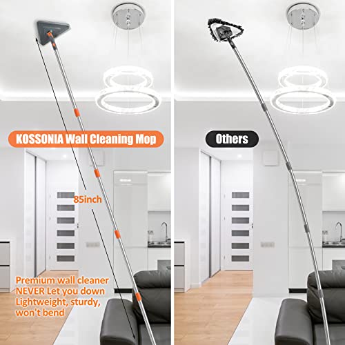 85 Inch Wall Mop Wall Cleaner with Long Handle , 360° Rotating Microfiber Dust Mop, Skirting Cleaning Tool Ceiling Gasket Window Cleaning Kit with 39" to 85" Extension Pole and 6 Replacement Pads