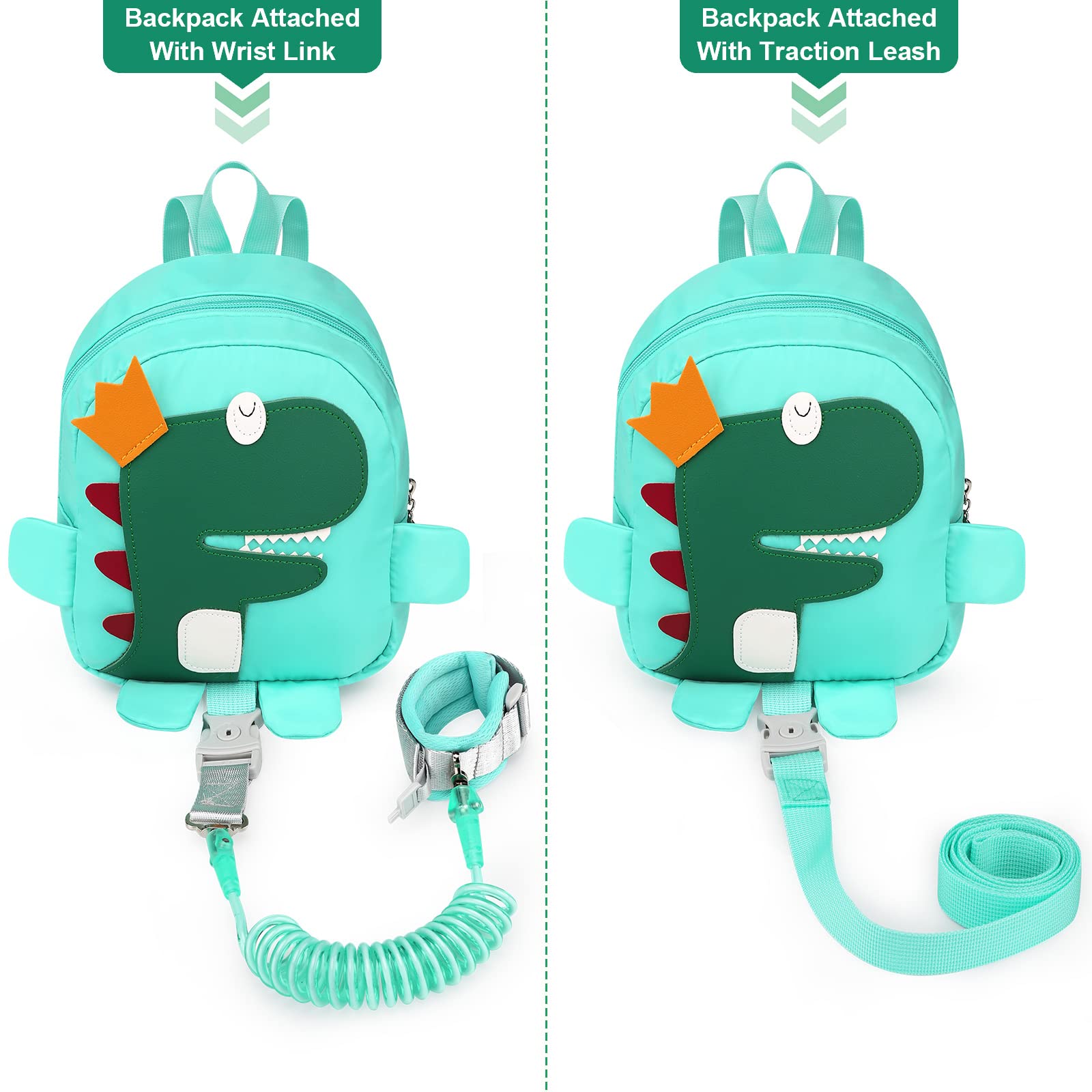 Accmor Toddler Harness Backpack Leash, 4 in 1 Kid Dinosaur Backpacks with Anti Lost Wrist Link, Child Cute Daycare Bags with Rope Tether Keep Boys Girls Walking Close(Green)