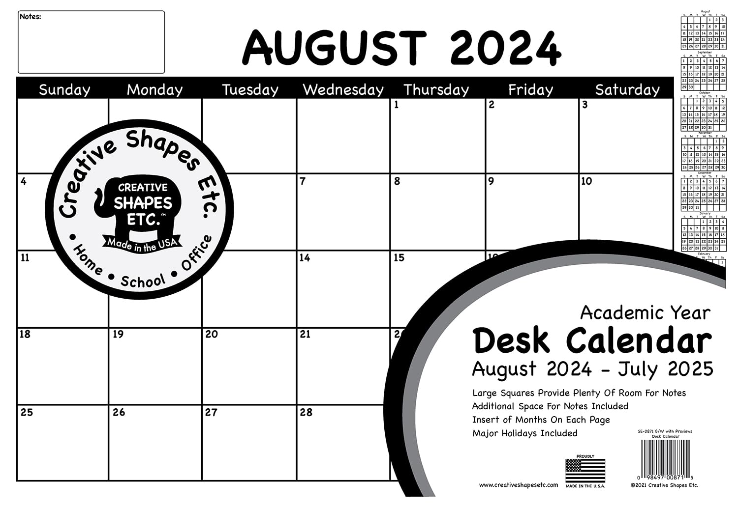 2024-2025 Academic Year Desk Calendar Black/White with Previews, 12 months from August 2024-July 2025 with notes space and holidays, 13” x 19” Wall/Desk Calendar for Teacher Planner, Daily Planning, Lesson Plans, Classroom Office Home, Organization