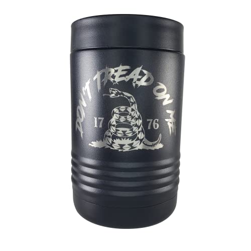 Gadsden Flag Don't Tread On Me - DTOM Double Walled Stainless Steel Insulated Can Cooler β Holds 12 or 16 oz Cans or 12 oz Bottles - Two-Sided Engraving - Includes USA Flag Sticker (Gadsden Flag)