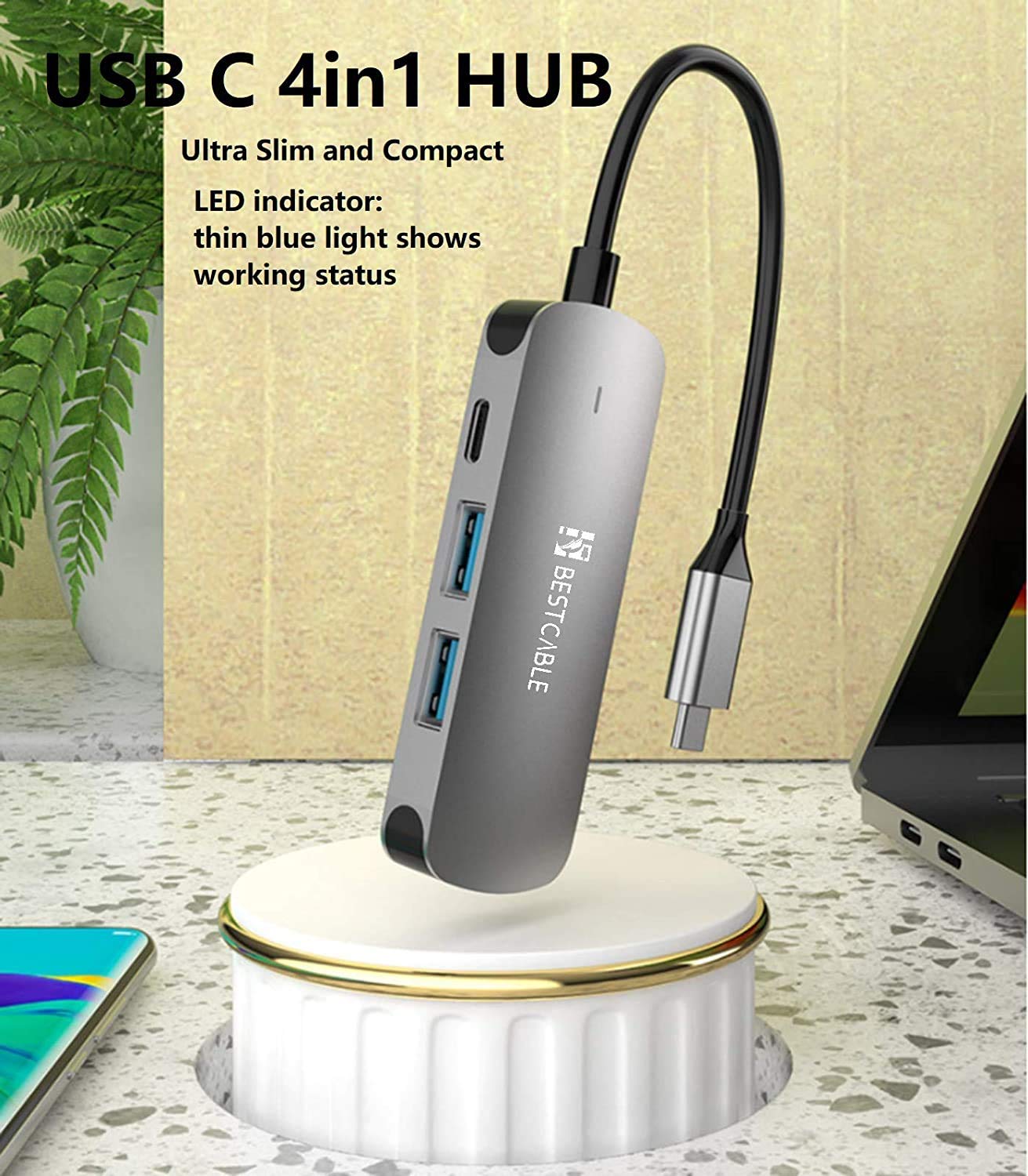 USB C Hub, BEST CABLE 4-in-1 USB C Hub Adapter - USB C to HDMI 4K@30Hz,USB C Charging Port,USB3.0, USB 2.0, Compatible with MacBook Pro/Air, Pro,Galaxy,Pixelbook and More USB C 3.1 Devices